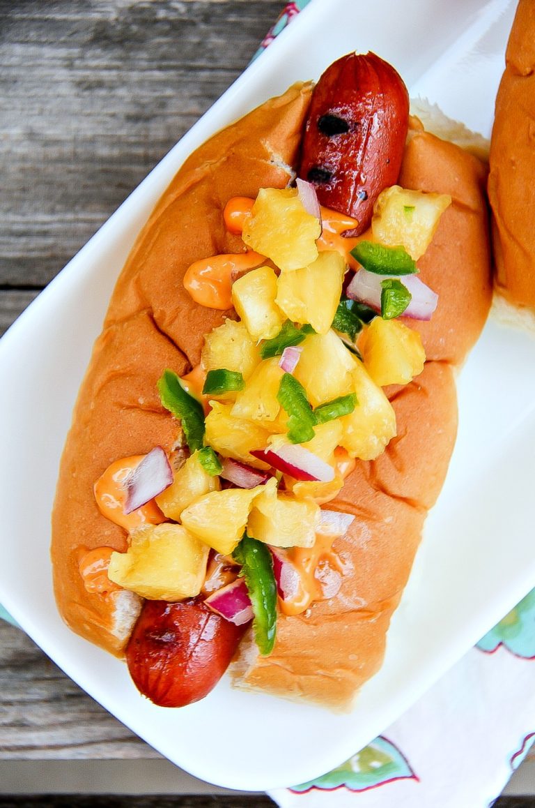 Hot Dogs with Sriracha and Pineapple Salsa | Tonya Staab